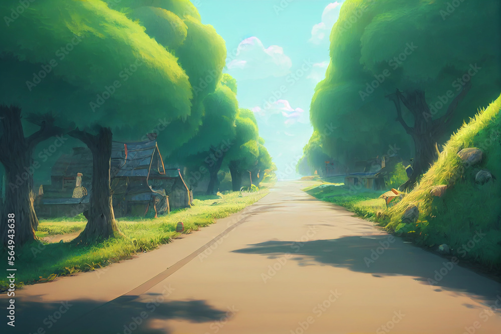 ภาพประกอบสต็อก road wall tree cozy summer anime background animation ...