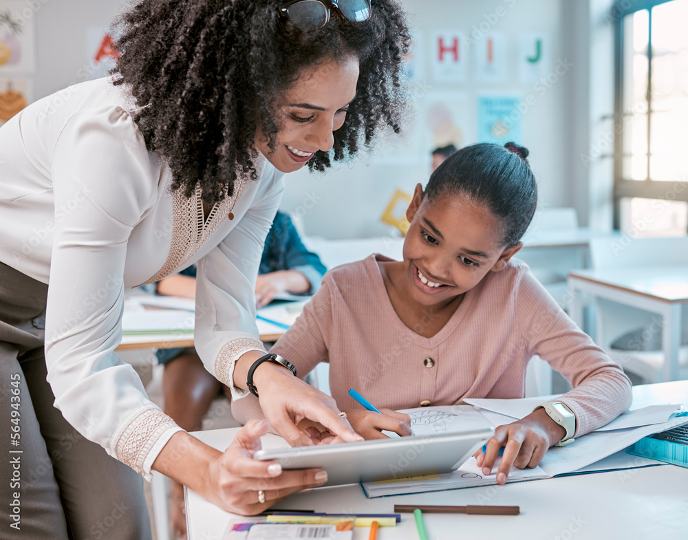 Tablet education, teacher and kid learning, writing and digital support ...