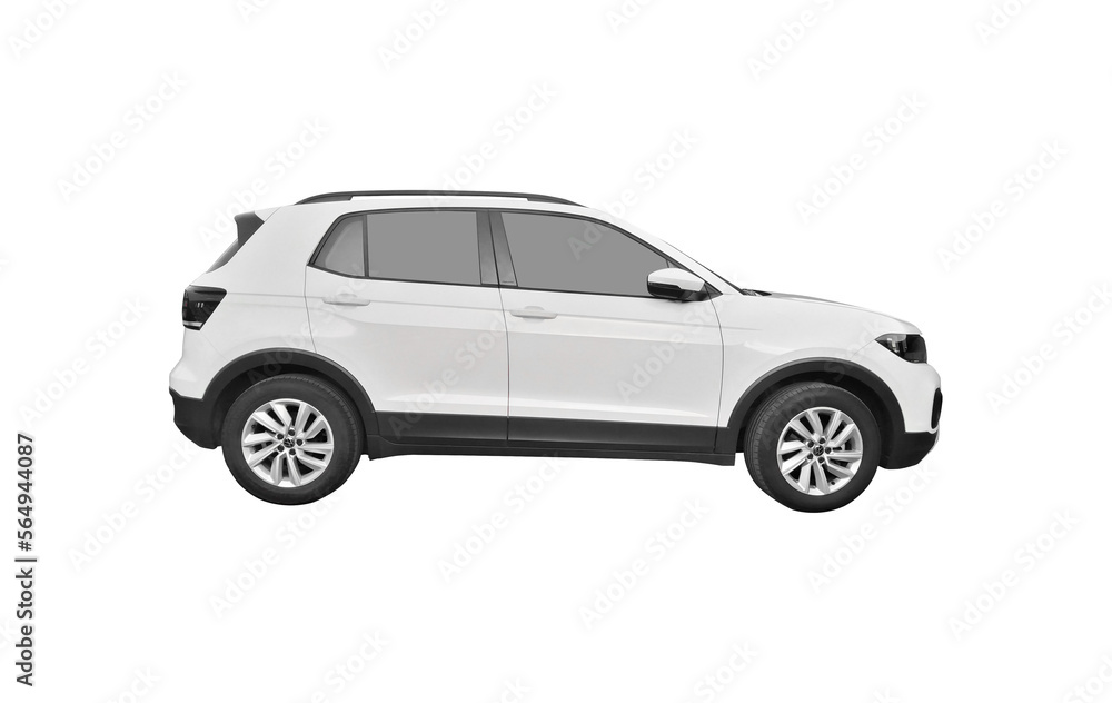 white VOLKSWAGEN T-CROSS, side view, 3d rendering of PNG transparent ...