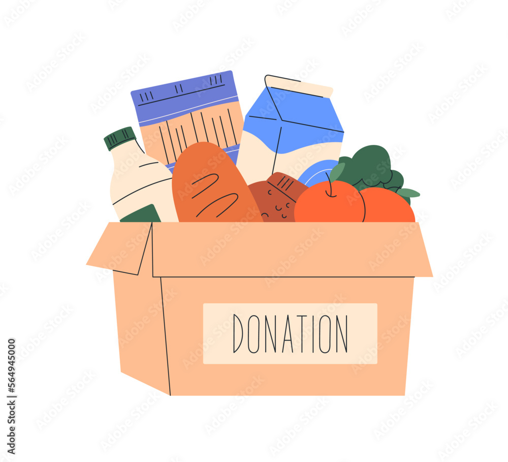 Donation box with food, humanitarian aid. Cardboard full of groceries ...
