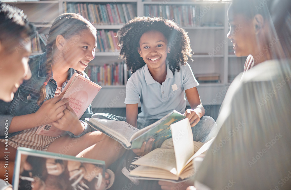 Books, storytelling or excited students reading in library for learning ...