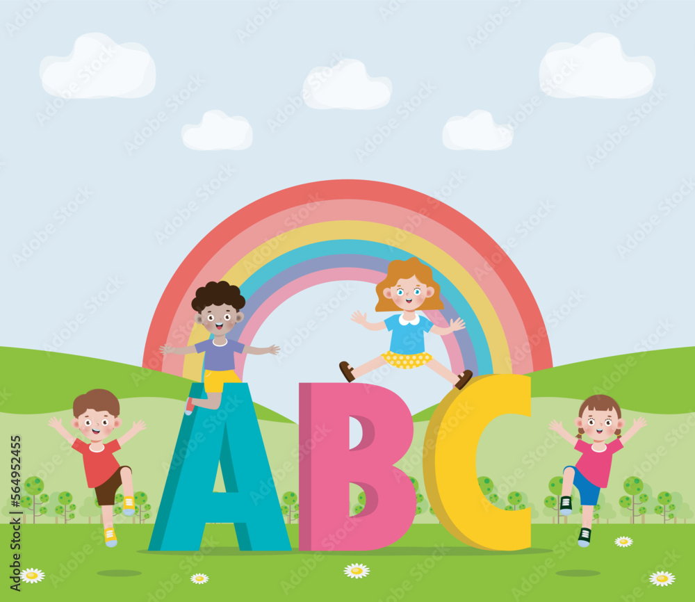 cartoon children with ABC letters, School kids with ABC, child with ABC ...