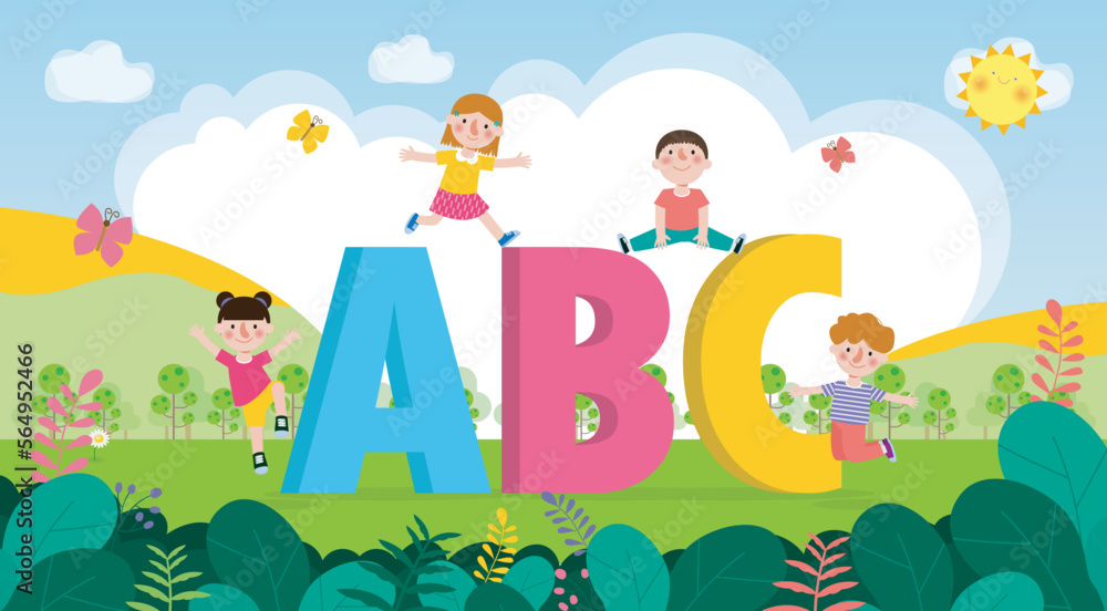 cartoon children with ABC letters, School kids with ABC, child with ABC ...