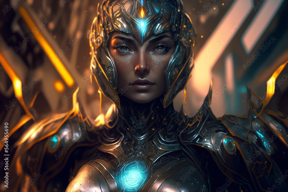 futuristic android queen, wearing holographic holofoil armor ...