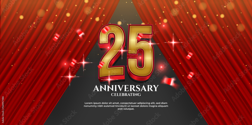 25th anniversary illustration background. with red curtain and confetti ...