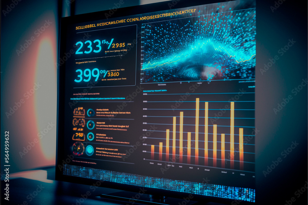 digital dashboard in 2023 against blue hologram. Artificial ...
