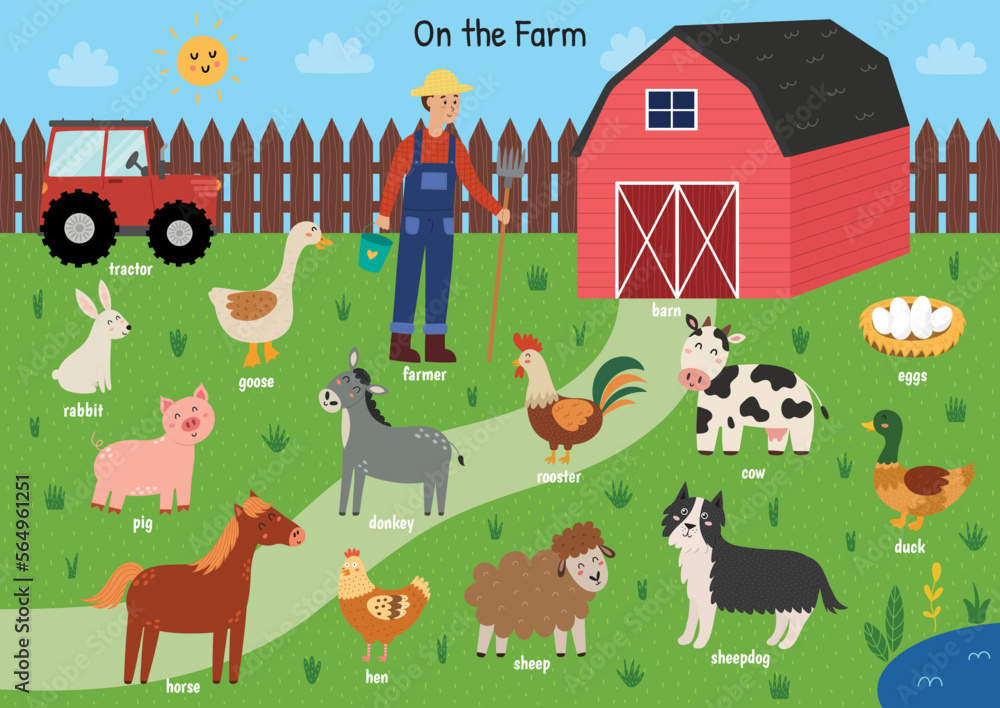 On the farm poster with cute animals in cartoon style. Educational ...