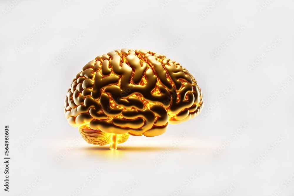 Golden brain on a white background, Low poly wireframe illustration of ...