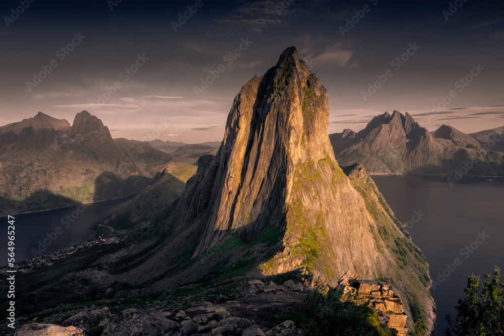 Epic dark landscape of Mount Segla viewed from Mount Hesten after ...