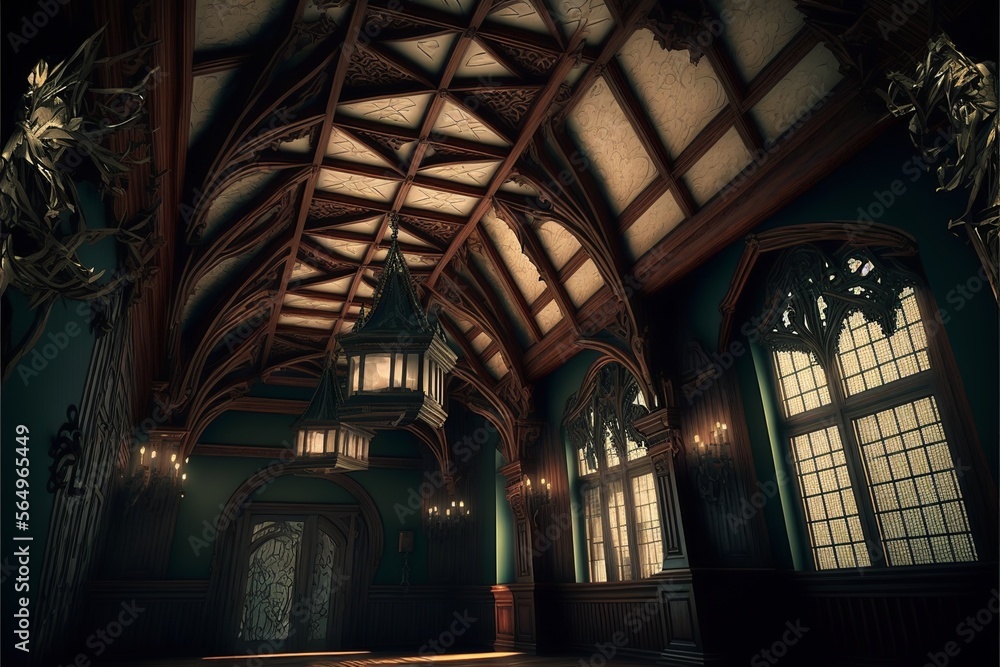 Dark victorian and rustic style wooden ceiling with beams and inlay ...