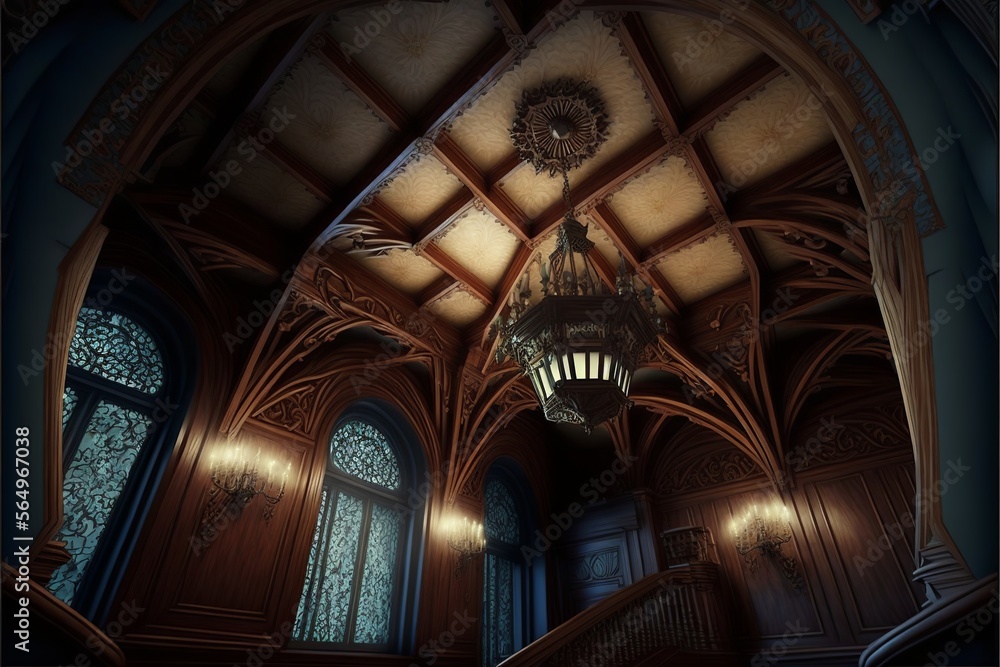 Victorian castle hall ceiling interior design with wooden ornamental ...