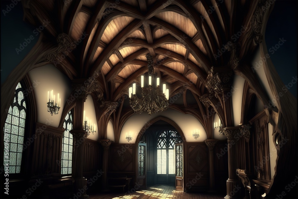 Victorian castle hall ceiling interior design with wooden ornamental ...