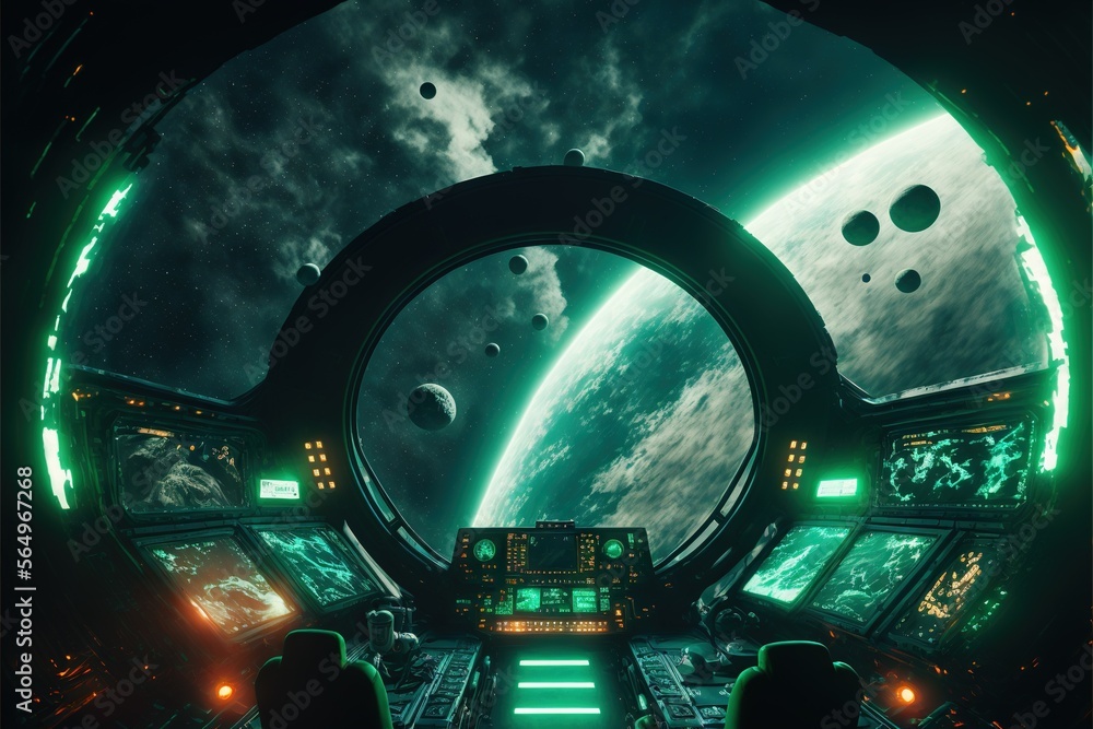 Green view from the cockpit of a spaceship, realistic generative ai Stock Illustration | Adobe Stock