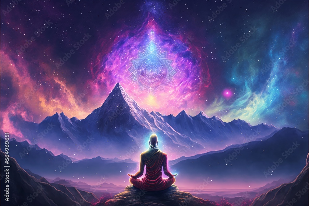 Meditation in universe. Spiritual Mindfulness Consciousness Concept ...