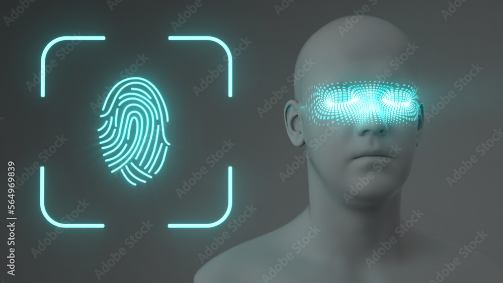 Fingerprint being scanned in front of human face with HUD. User going ...