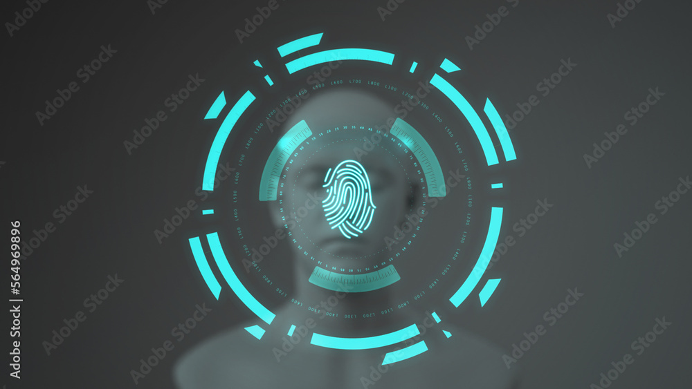 Fingerprint being scanned in front of human face with HUD. User going ...
