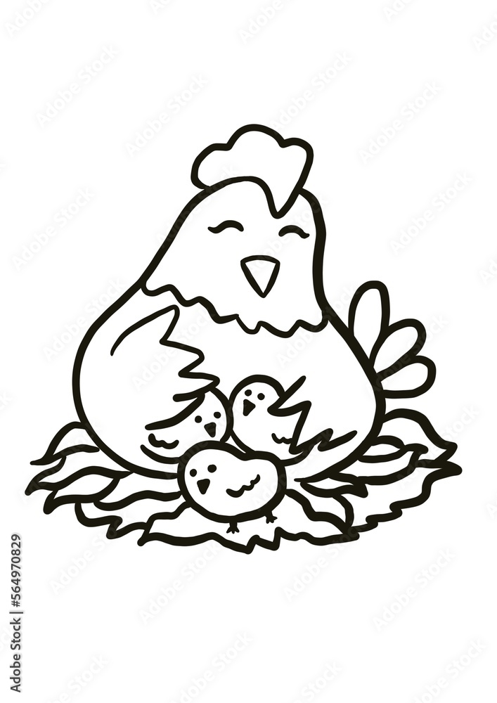 Chicken family line drawings for kids to practice coloring. Stock ...