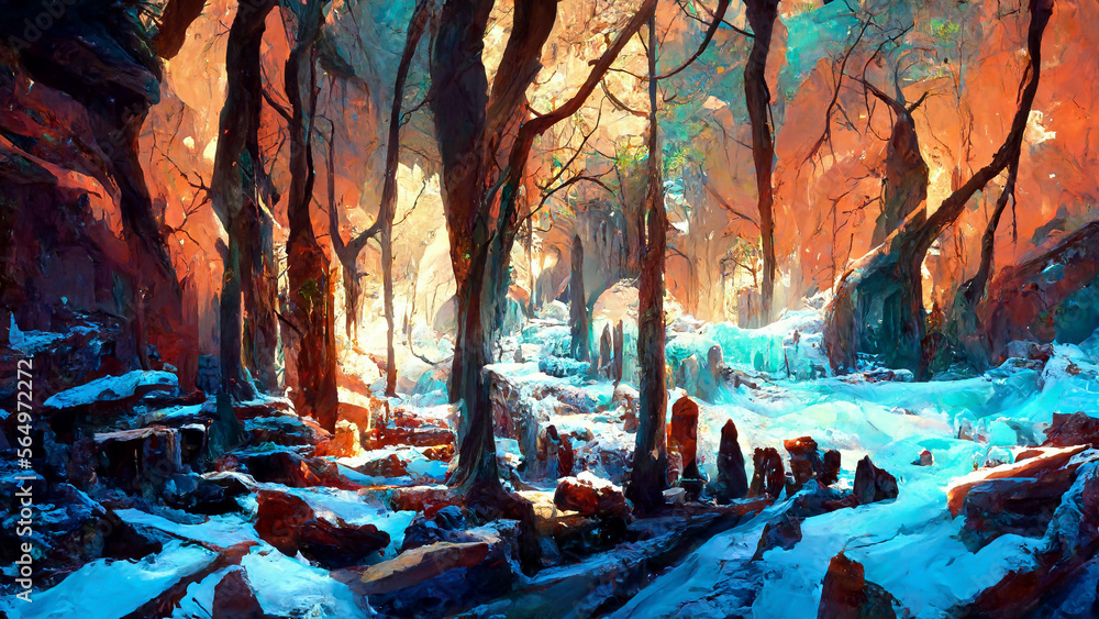 Mayan civilization Snow and ice forest land cave illustration ...