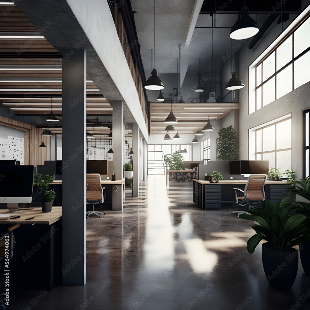 interior of an ultra modern office coworking hall Polished concrete ...