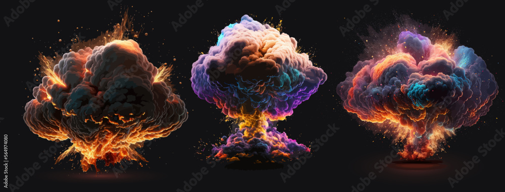 Set magic explosion, game bomb boom effect with colorful clouds ...