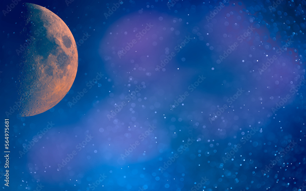 Illustrated pinky orange of The moon on atmosphere background. Art ...