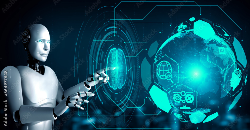 AI hominoid robot touching virtual hologram screen showing concept of ...