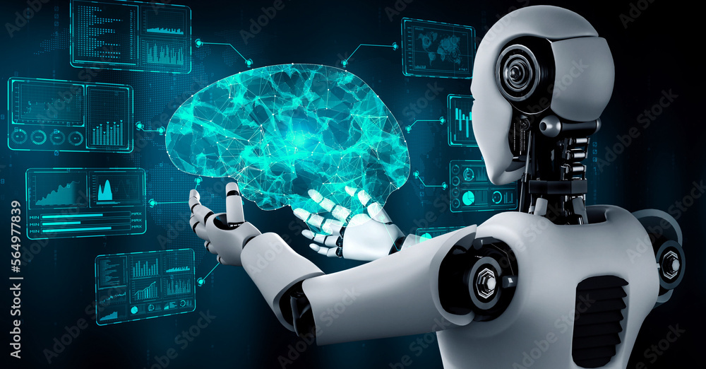 AI hominoid robot holding virtual hologram screen showing concept of AI ...