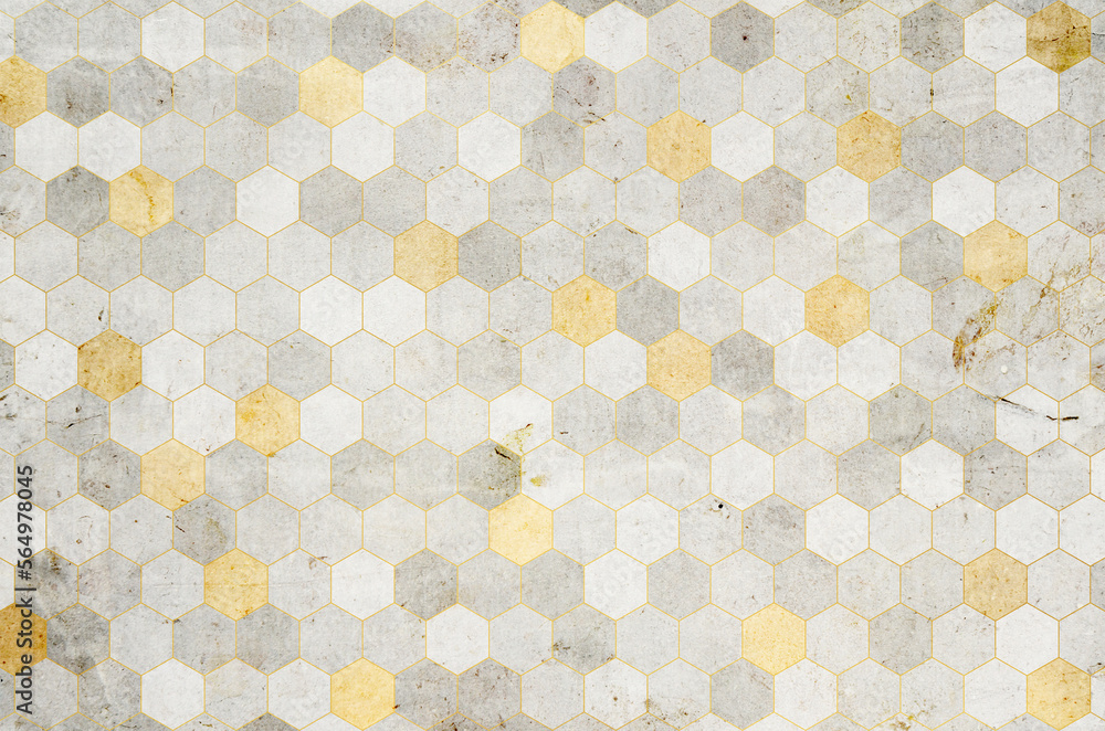Abstract mosaic tile pattern with gold joints. Pastel gradient hexagon tile pattern on grunge ...