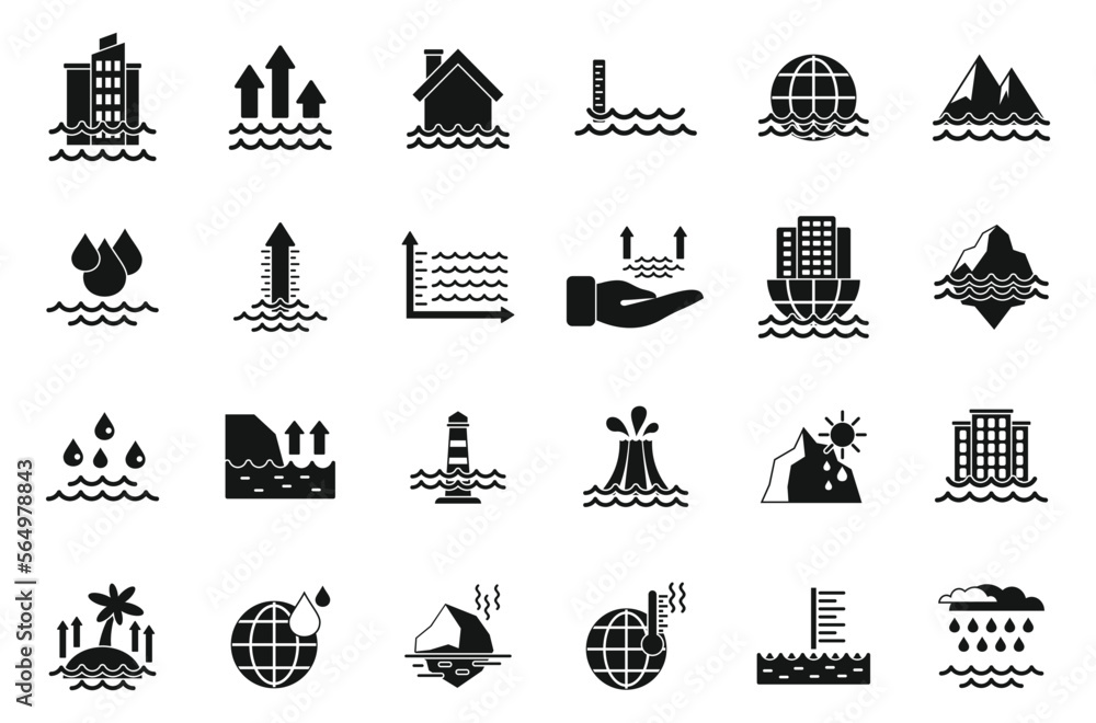 Sea level rise icons set simple vector. Water level. Nature disaster ...