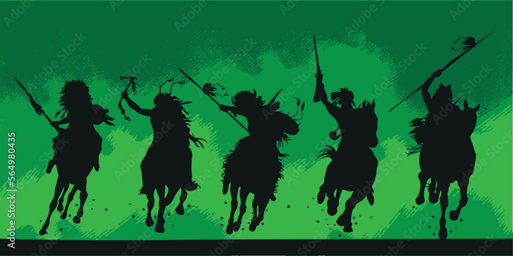 Vetor de Silhouette of a horse indian warriors. American native steppe ...