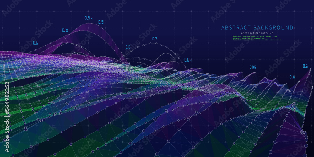 Abstract background contain wireframe wavy graph with data and dots on ...