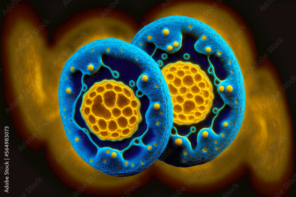 two yellow-blue cells in microscopic form in process of cell division ...