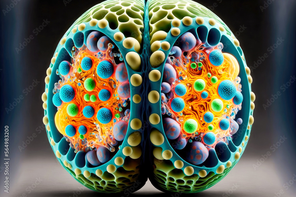 spherical cell with membranes and nuclei in enlarged model of cell ...