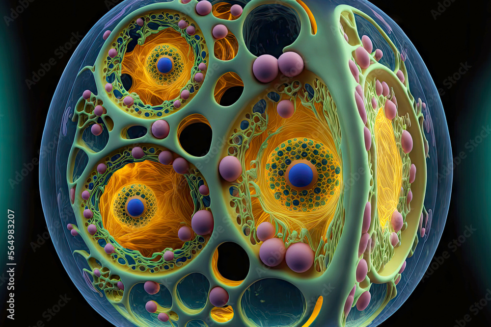 spherical cell with membranes and nuclei in enlarged model of cell ...