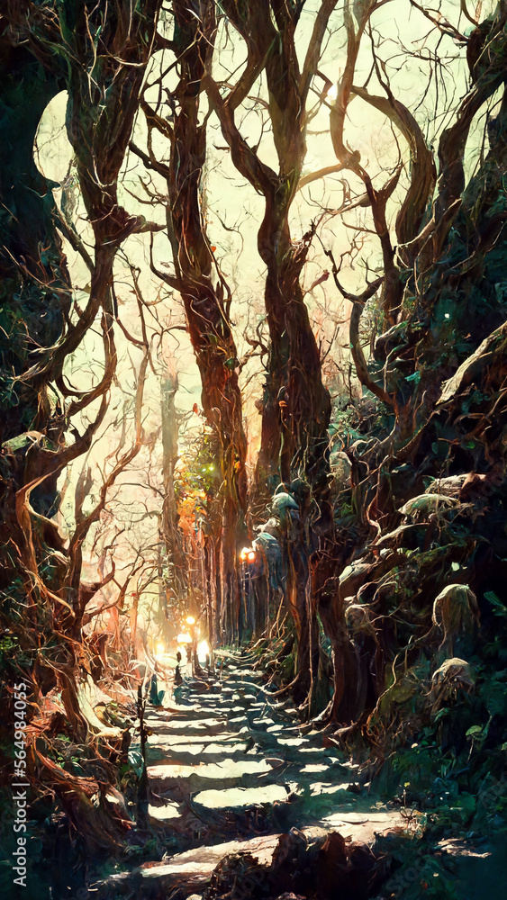 Path through magical elven woodland at night by Gediminas Pran illustration Generative AI ...