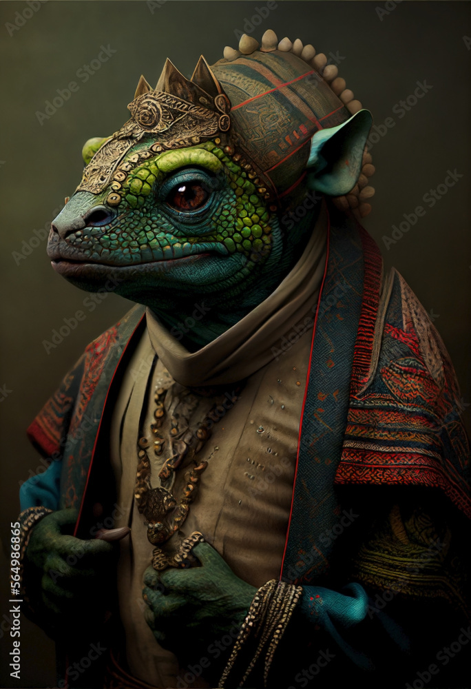 Lizard wearing a traditional costume. Dressed animal portrait. Ai ...