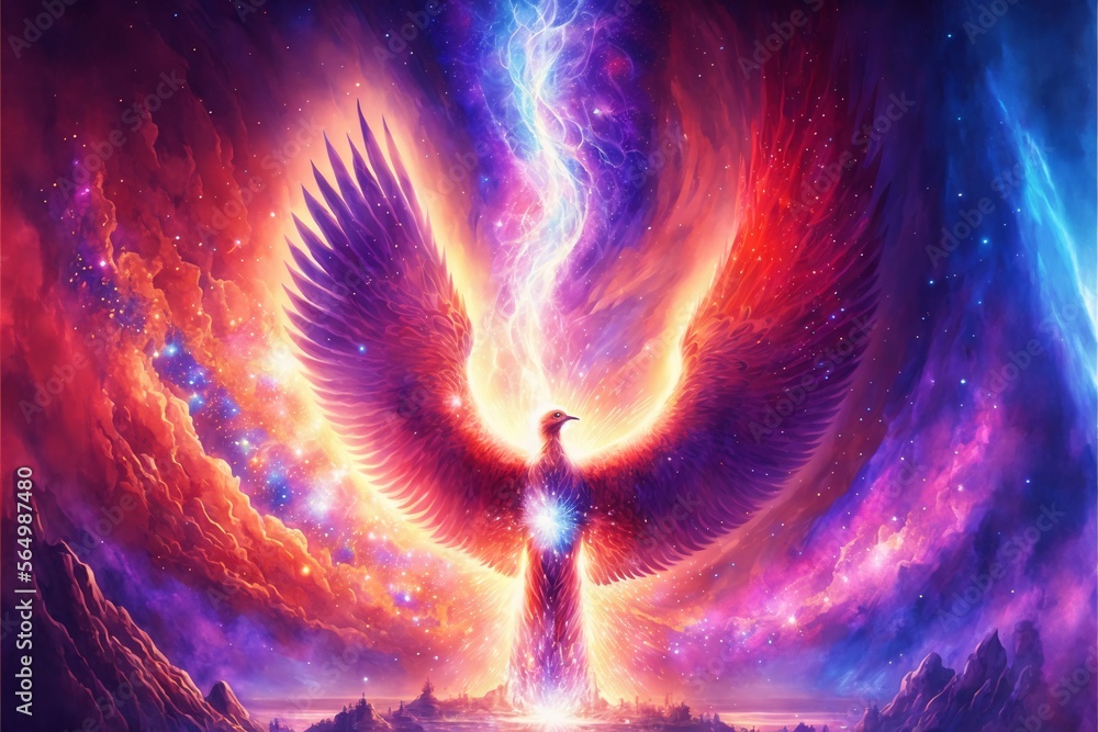Powerful Epic Legendary Phoenix Spreading Glowing Wing in Universe ...