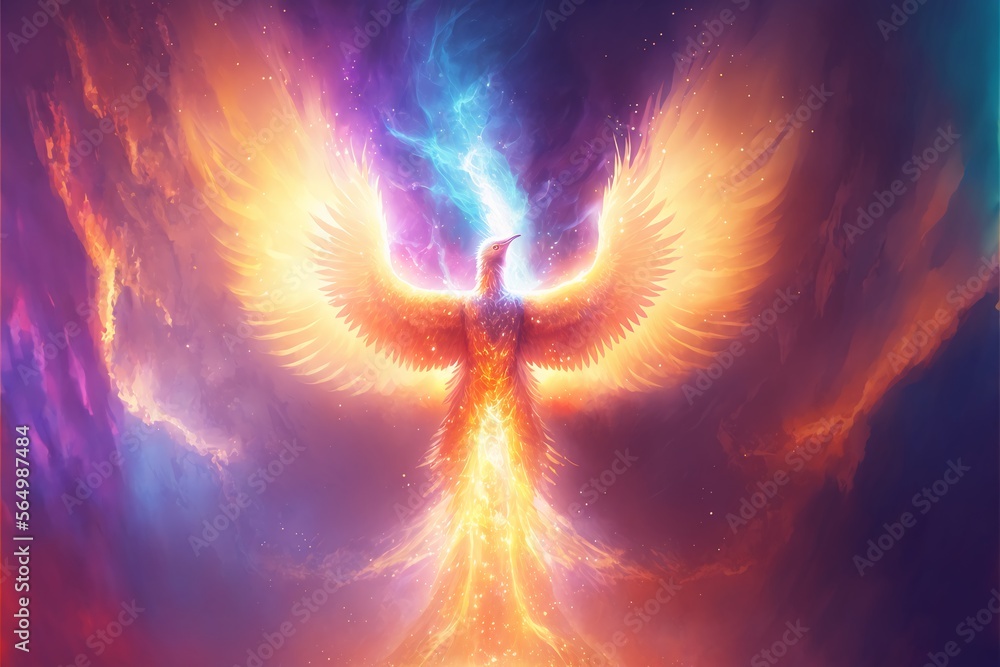 Powerful Epic Legendary Phoenix Spreading Glowing Wing in Universe ...