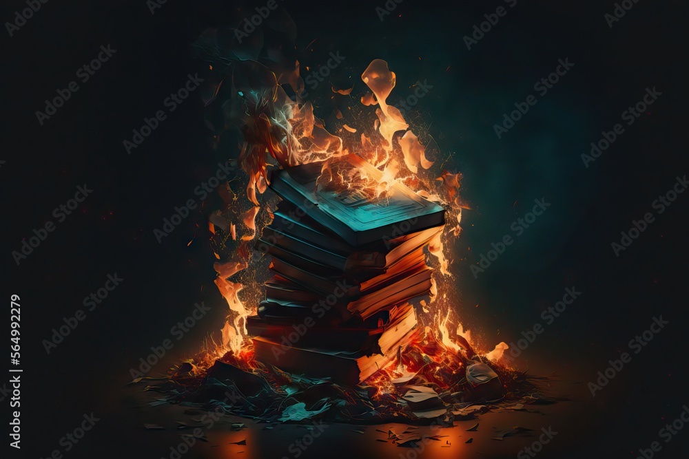 A pile of books burning in fire inside an interior building like a ...