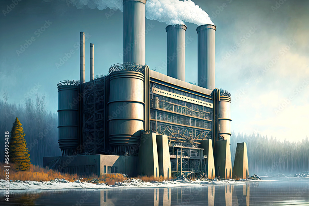 river-bank nuclear reactor with big pipes for power generation Stock ...