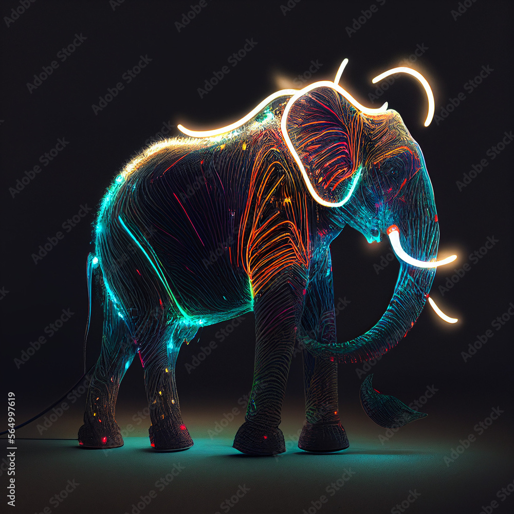 illustration of a elephant with neon light effects in a black ...