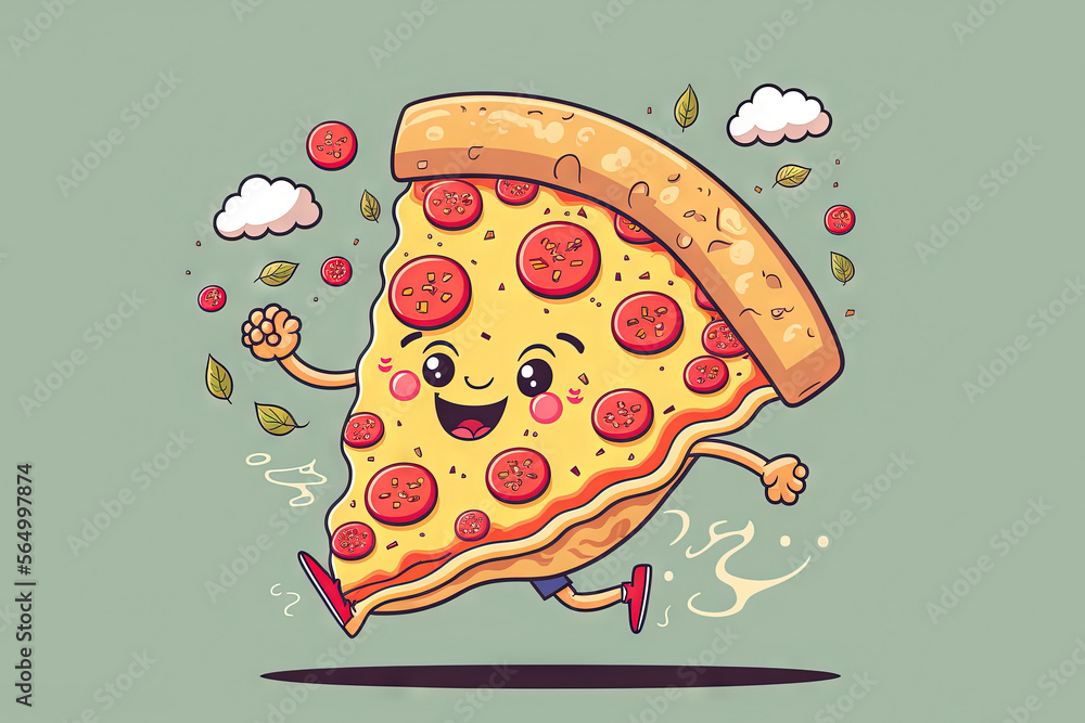 a cartoon pizza with a happy face running and smiling with a smile on ...