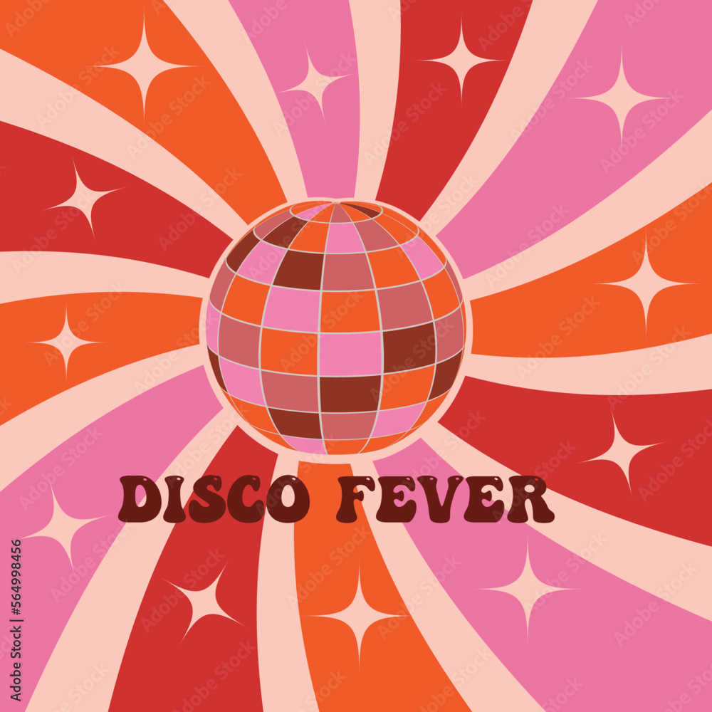 Retro Groovy disco ball in orange, pink, red and brown with sunburst ...