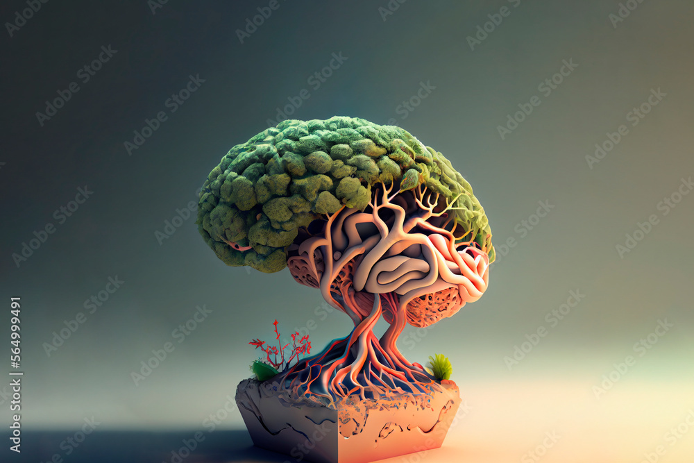 Generative AI illustration of a human brain tree, self care and mental ...