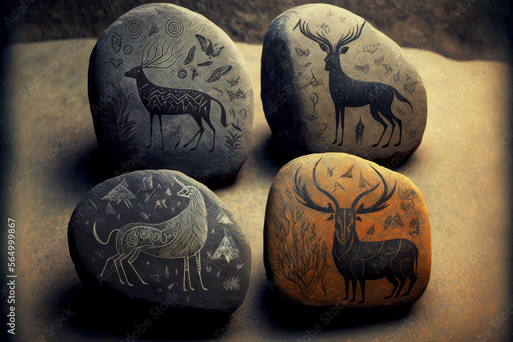 mythical animals petroglyphs on rock stone Stock Illustration | Adobe Stock