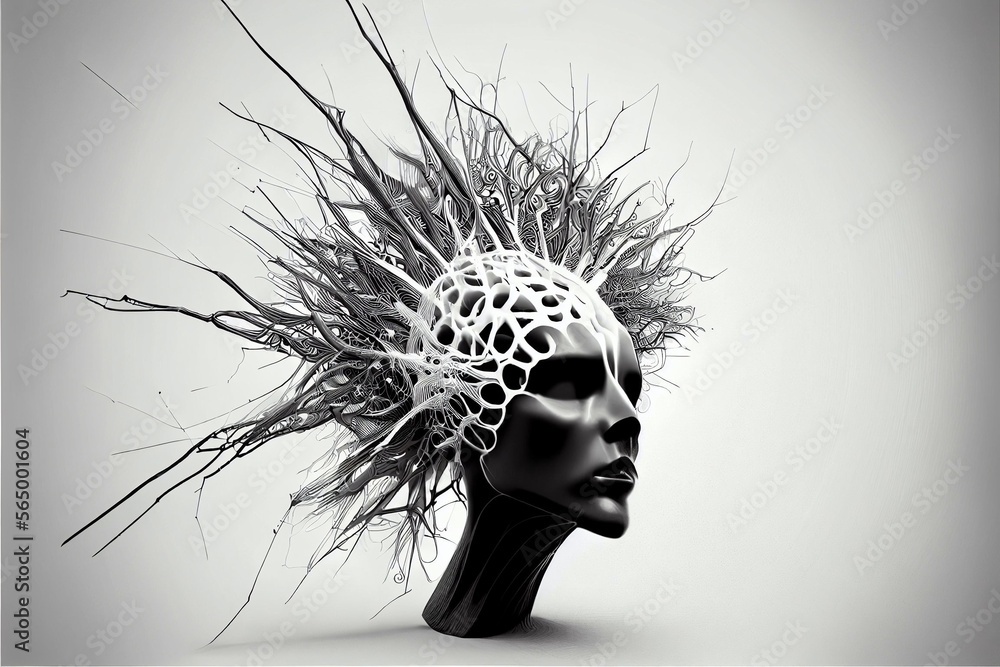 Technology meets humanity, wires coming out of humanoid head, machine ...