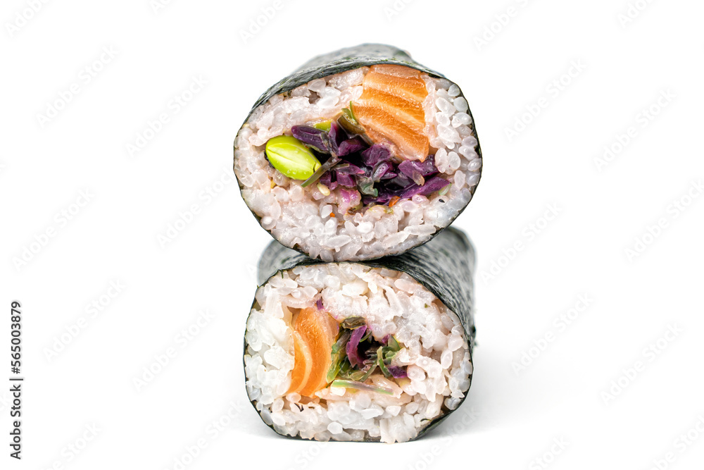 Stack of cross section of two sushi fresh maki rolls isolated on white ...
