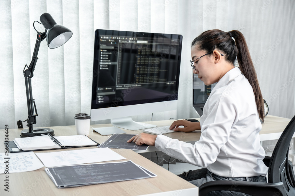 Women programmers working on website project in software development on the desktop computer and ...