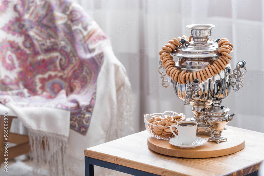 Russian traditions. Tea drinking with a samovar. Still life with bagels ...