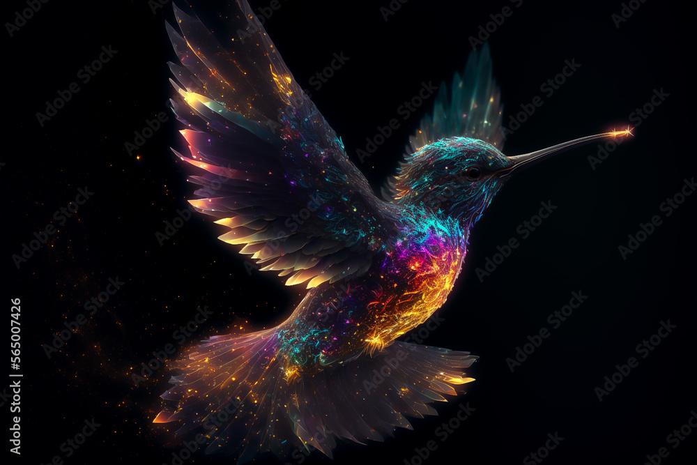 Colorful cartoon rainbow bird with black background. Wonderful electric ...